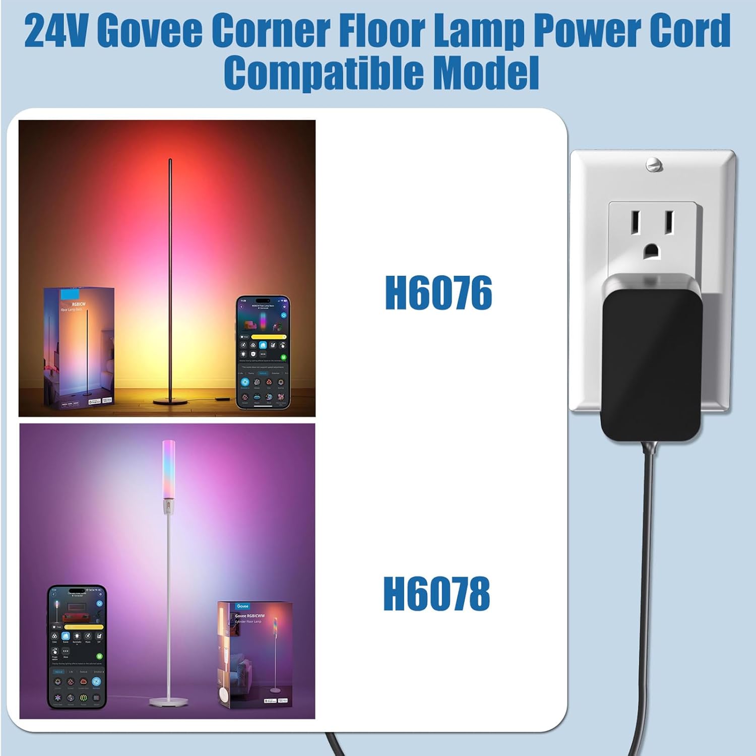 JUNCHI-24V Corner Floor Lamp Power Cord for Govee LED Lights 16 Million ...