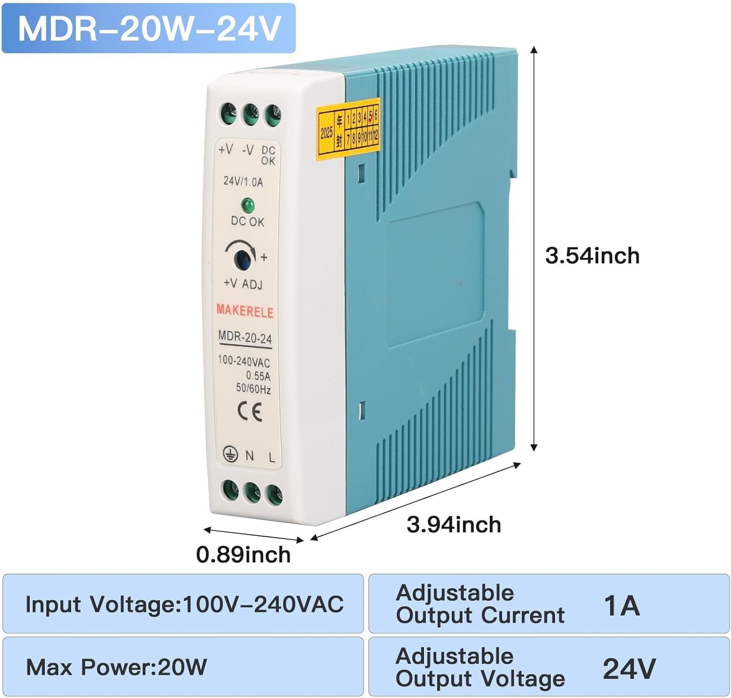JUNCHI-24V MDR DIN Rail Power Supply 20W, AC 100V-240V to DC 24V ...