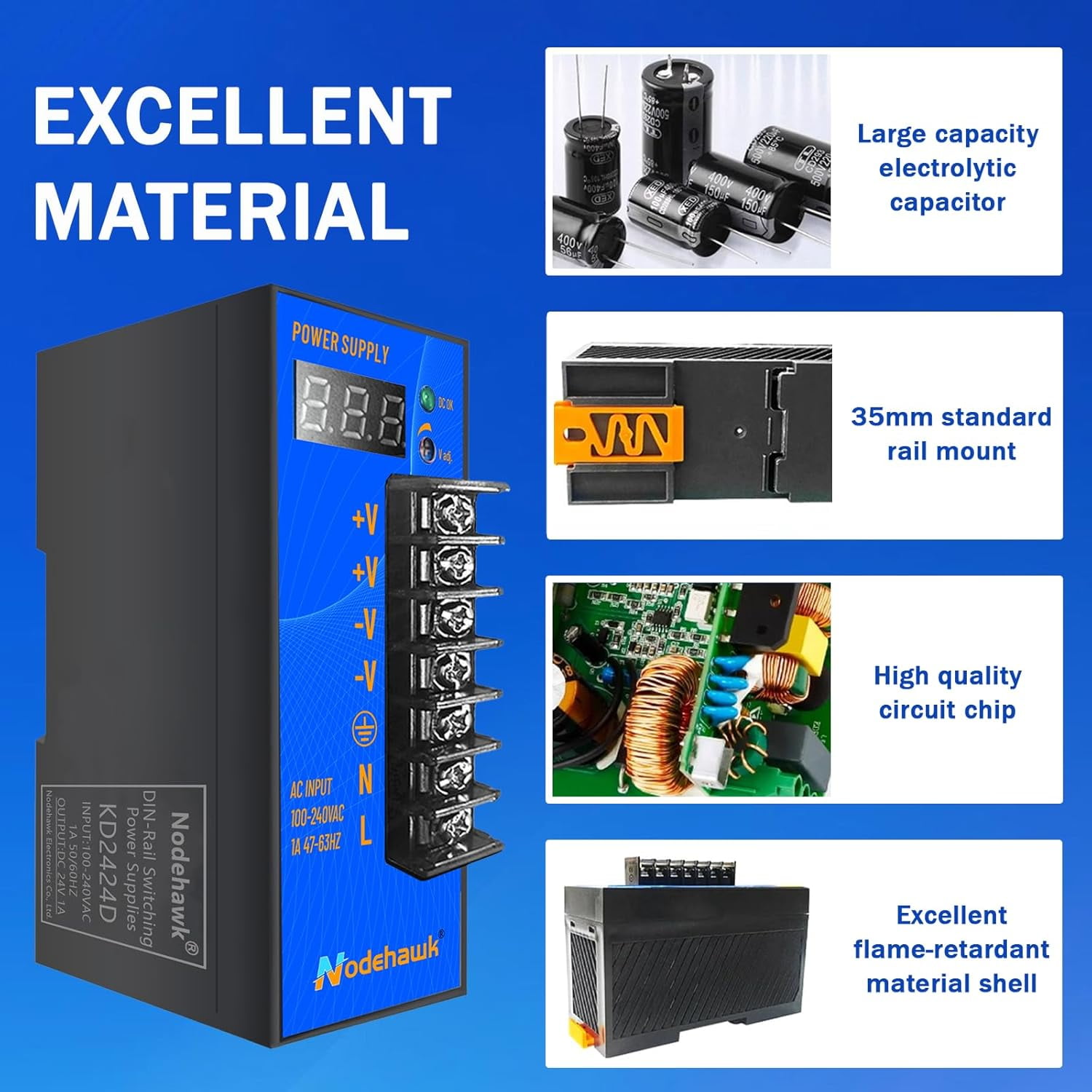 JUNCHI-24V Switching Power Supply AC 110-240V to DC 24V Din Rail Power ...