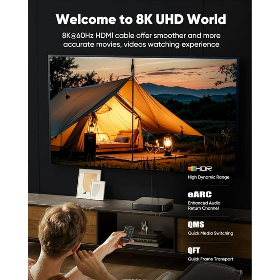 JUNCHI-2ft 8K 4K@120Hz HDMI Cable 2.1, 48Gbps High Speed Cord for PS5/4, TV, Gaming Console ...