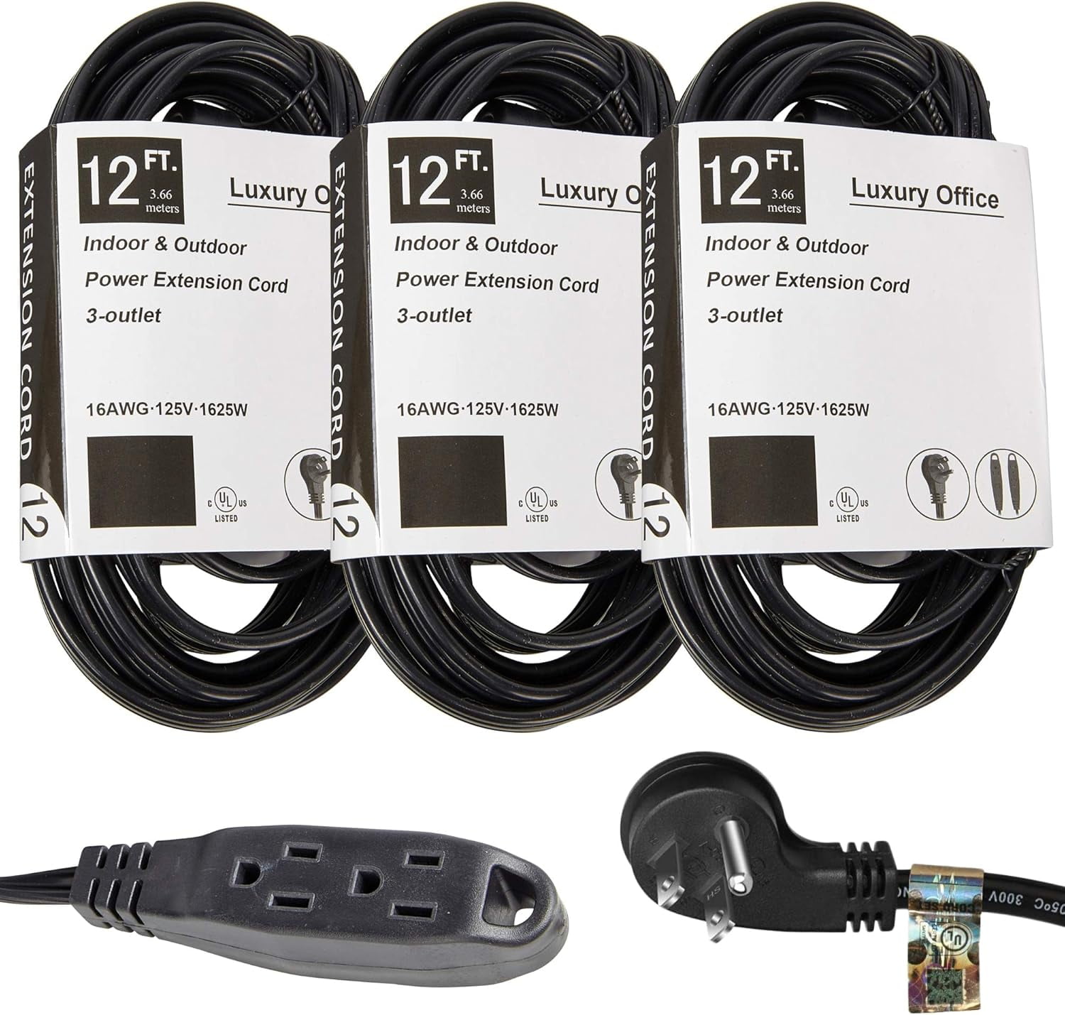 JUNCHI-3 Way Power Splitter and 12' Extension Cord, 3 Pack With Angled ...