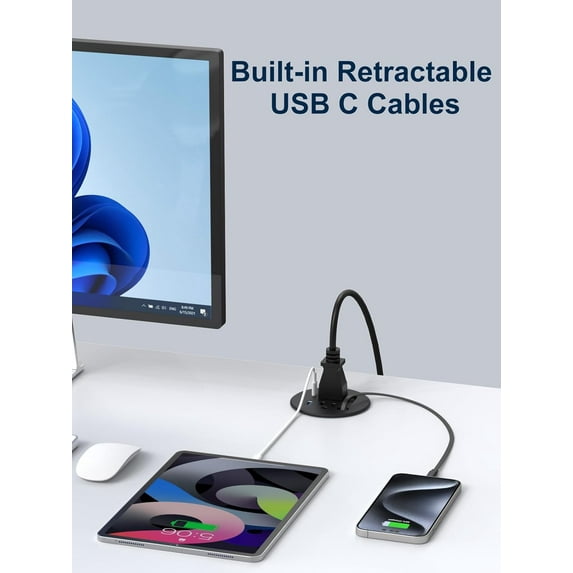 JUNCHI-3 inch Desk Power Grommet with1 Retractable USB C Cables (1.2ft),Recessed Power Grommet ...
