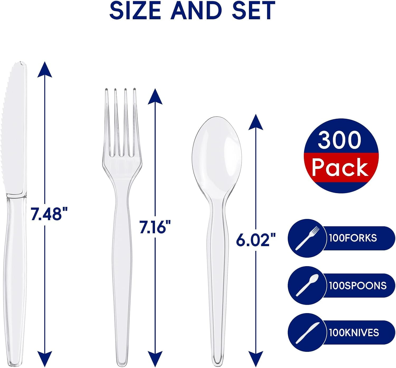 JUNCHI-300 Count Clear Plastic Silverware, 100 Forks, 100 Spoons, 100 ...