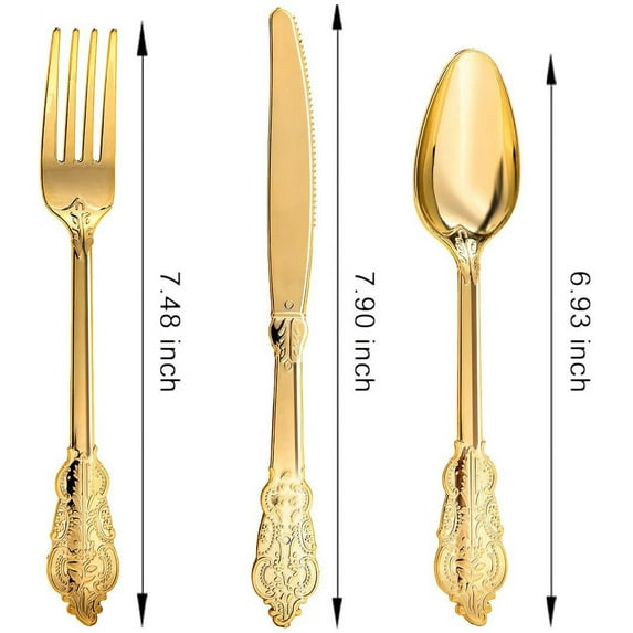 JUNCHI-300pcs Gold Plastic Silverware Dinnerware Flatware- Heavyweight ...