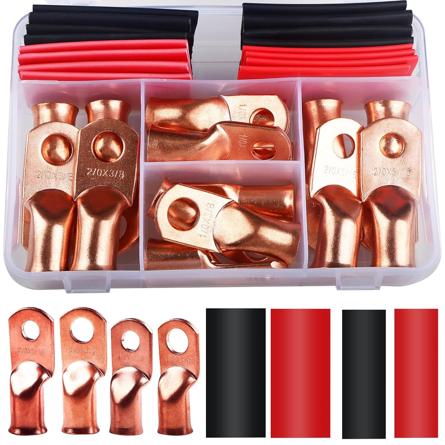 JUNCHI-32Pcs Copper Wire Lugs 1/0 AWG 2/0 AWG Battery Cable Ends Kit, 0 ...