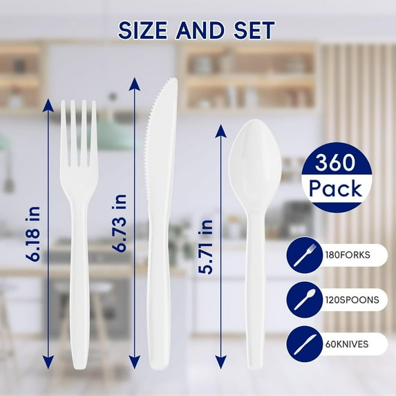 JUNCHI-360 Count White Plastic Silverware Heavy Duty, 180 Forks, 120 ...