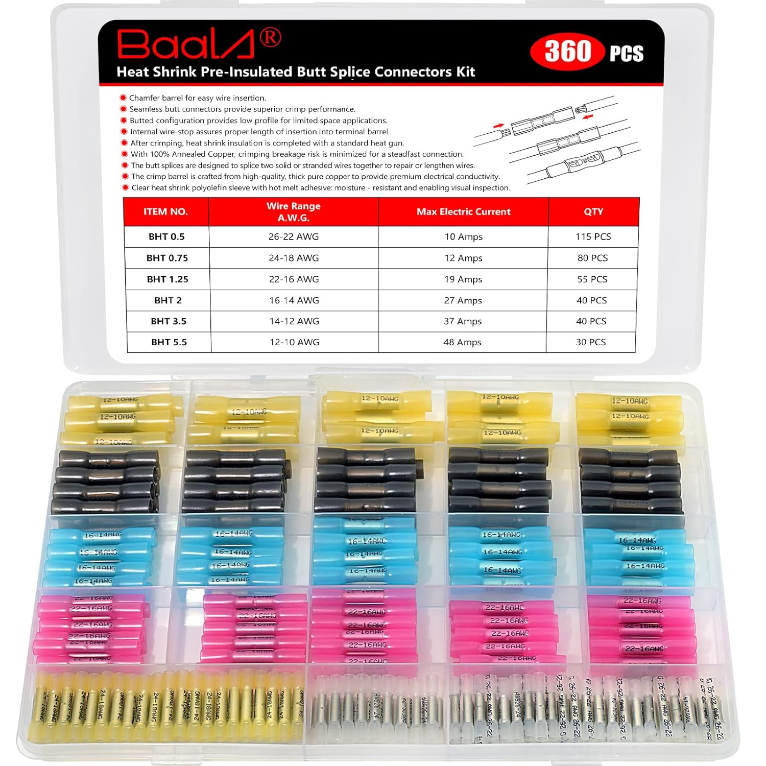 JUNCHI-360 PCS Heat Shrink Butt Connectors Kit, 26-10 Gauge Tinned ...