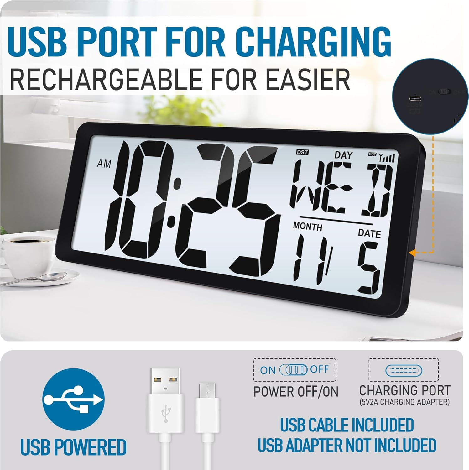 JUNCHI-4.6" Numbers Display Built-in Rechargeable Power 15" Atomic ...