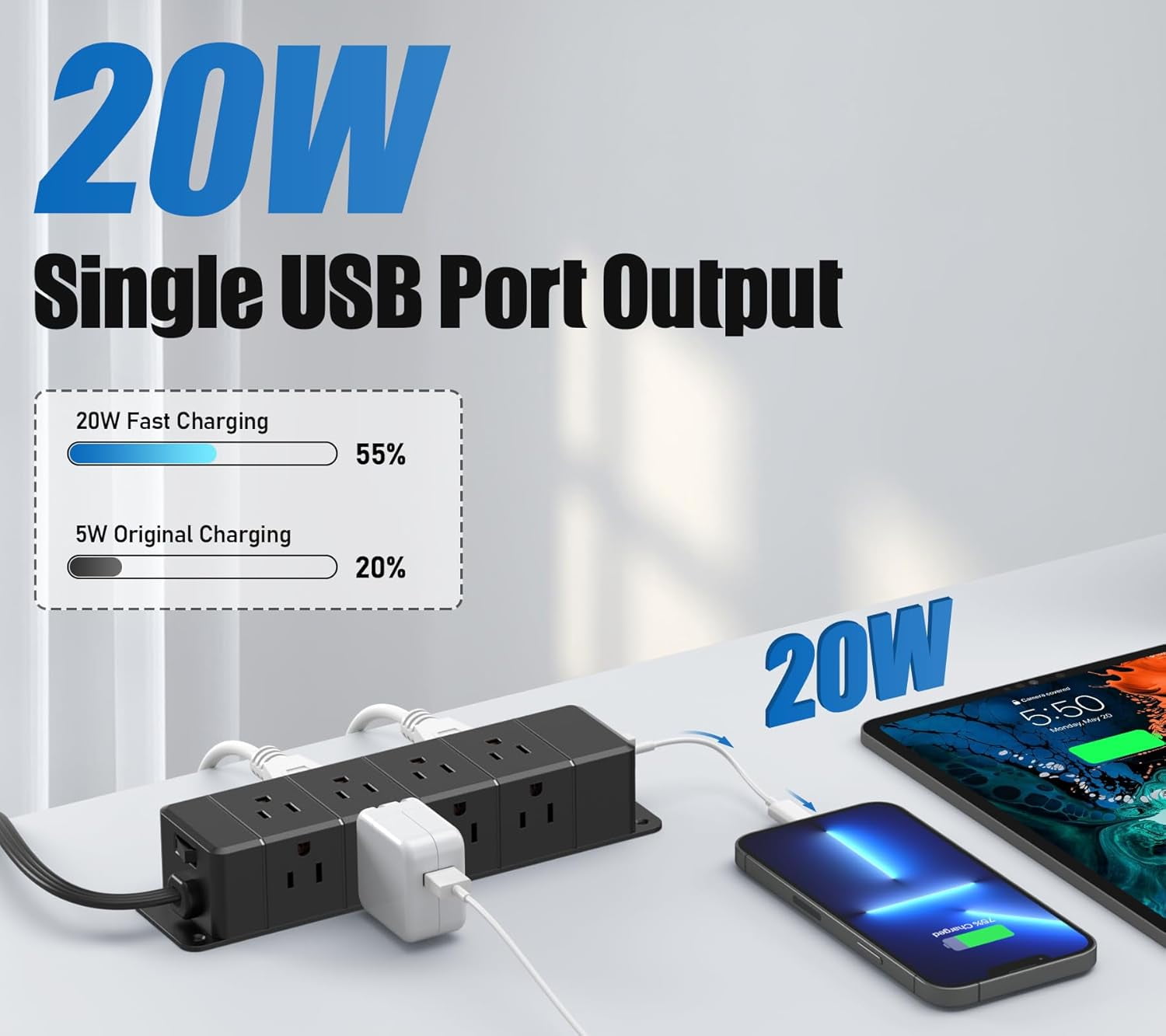 JUNCHI-40W Fast Charging Under Desk Power Strip with Switch,12 Outlet ...