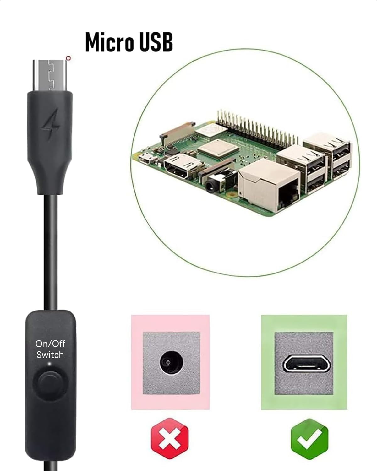 JUNCHI-5V 2.5A Raspberry Pi 3 Pi3 B+ Power Supply Adapter AC with Power ...
