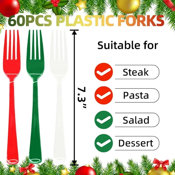 JUNCHI-60 Pcs Christmas Plastic Forks Red Green and White Plastic Forks ...
