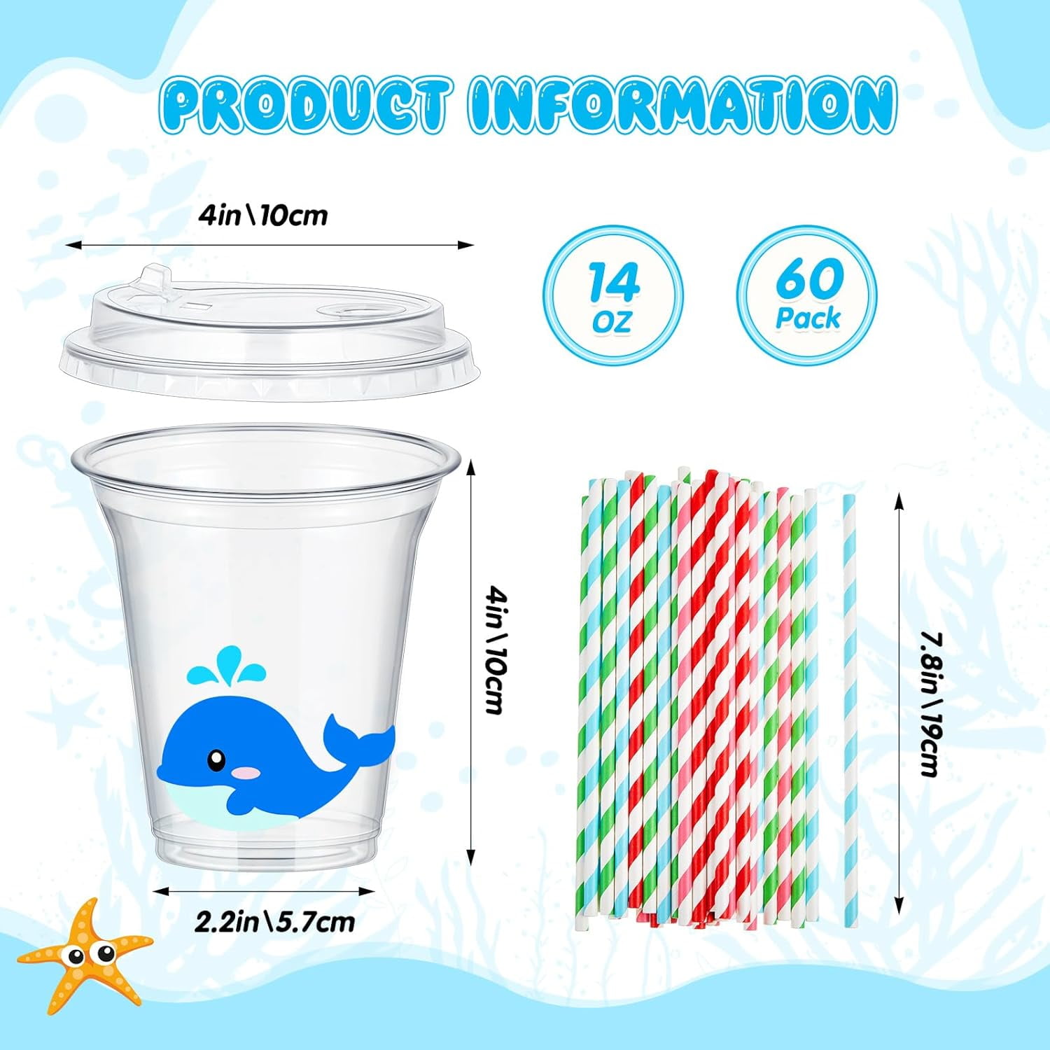 JUNCHI-60 Set Under The Sea Plastic Cups Bulk 14 oz Disposable Clear ...