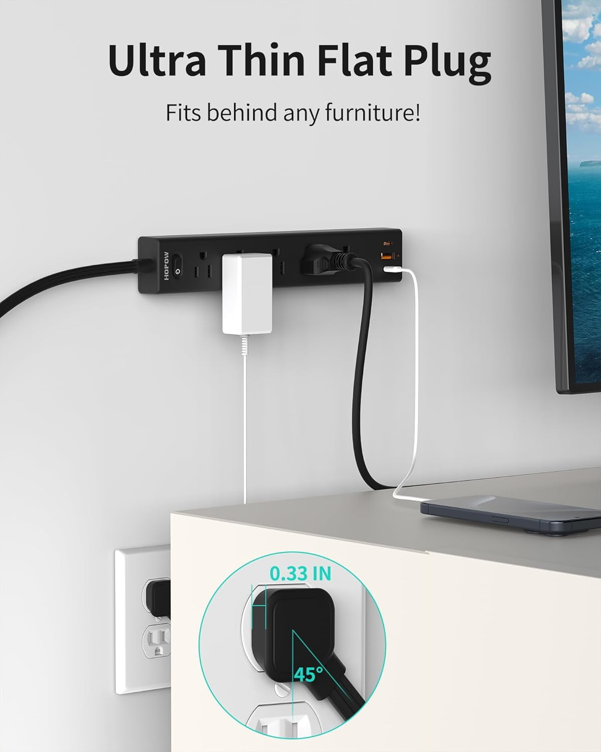 JUNCHI-6ft Power Strip with 5AC Outlets, Recessed Power Strip with 6 ...