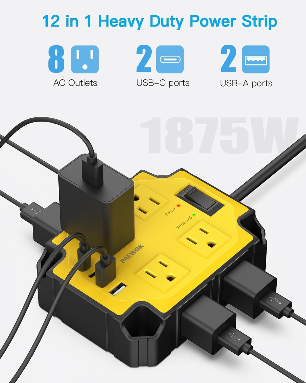 JUNCHI-8-Outlets Heavy Duty Power Strip with 4 USB Ports(2 USB-C ...