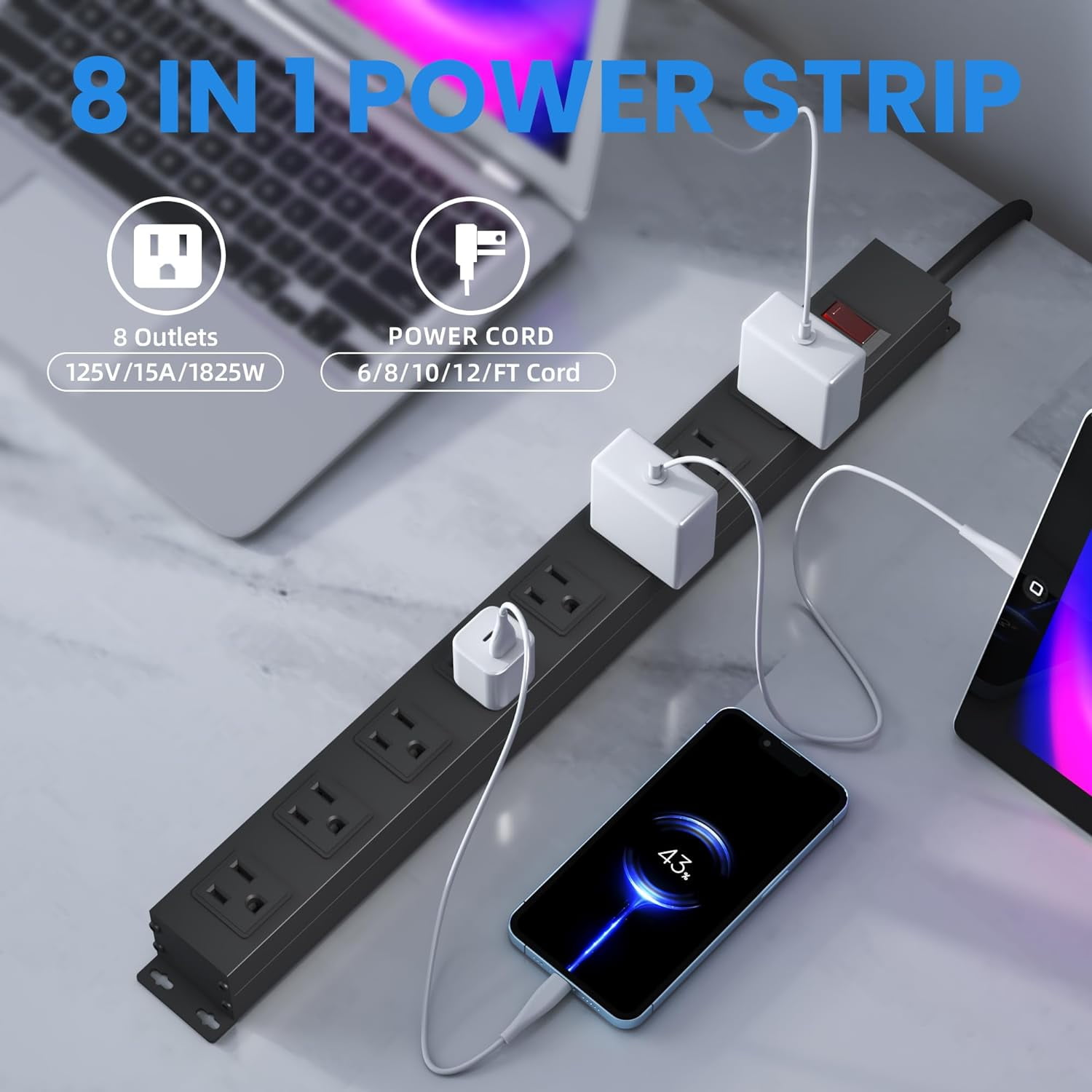 JUNCHI-8 Outlets Heavy Duty Power Strip with 8 Ft 14AWG Power Cord ...