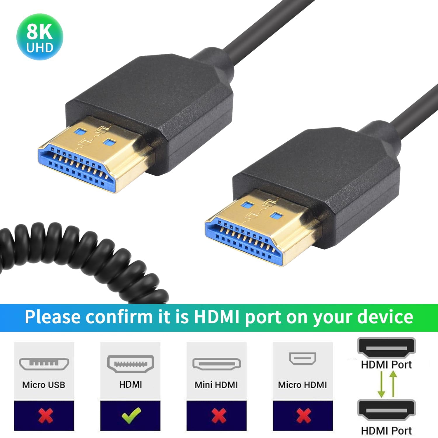 JUNCHI-8K Coiled HDMI Cable 3FT- 6FT, HDMI 2.1 Cable Coiled 48Gbps ...