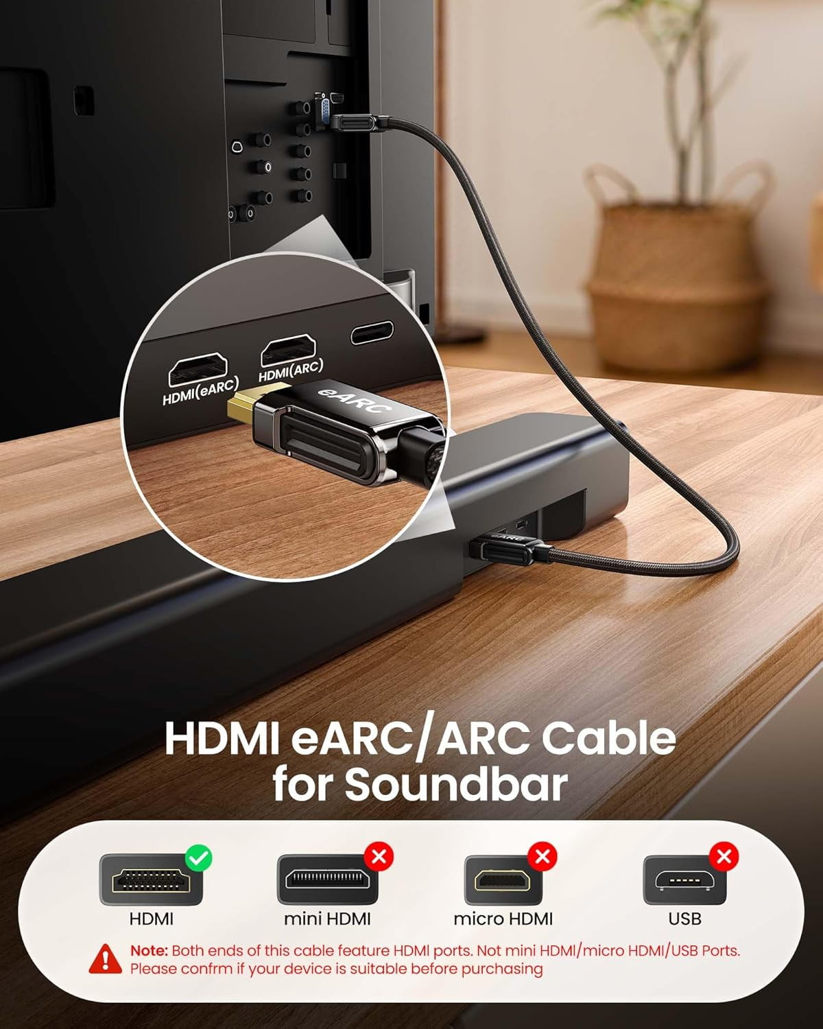 JUNCHI-8K HDMI ARC/eARC Cable 2.1 for Soundbar 6.6ft, 8K@60Hz 4K@120Hz ...