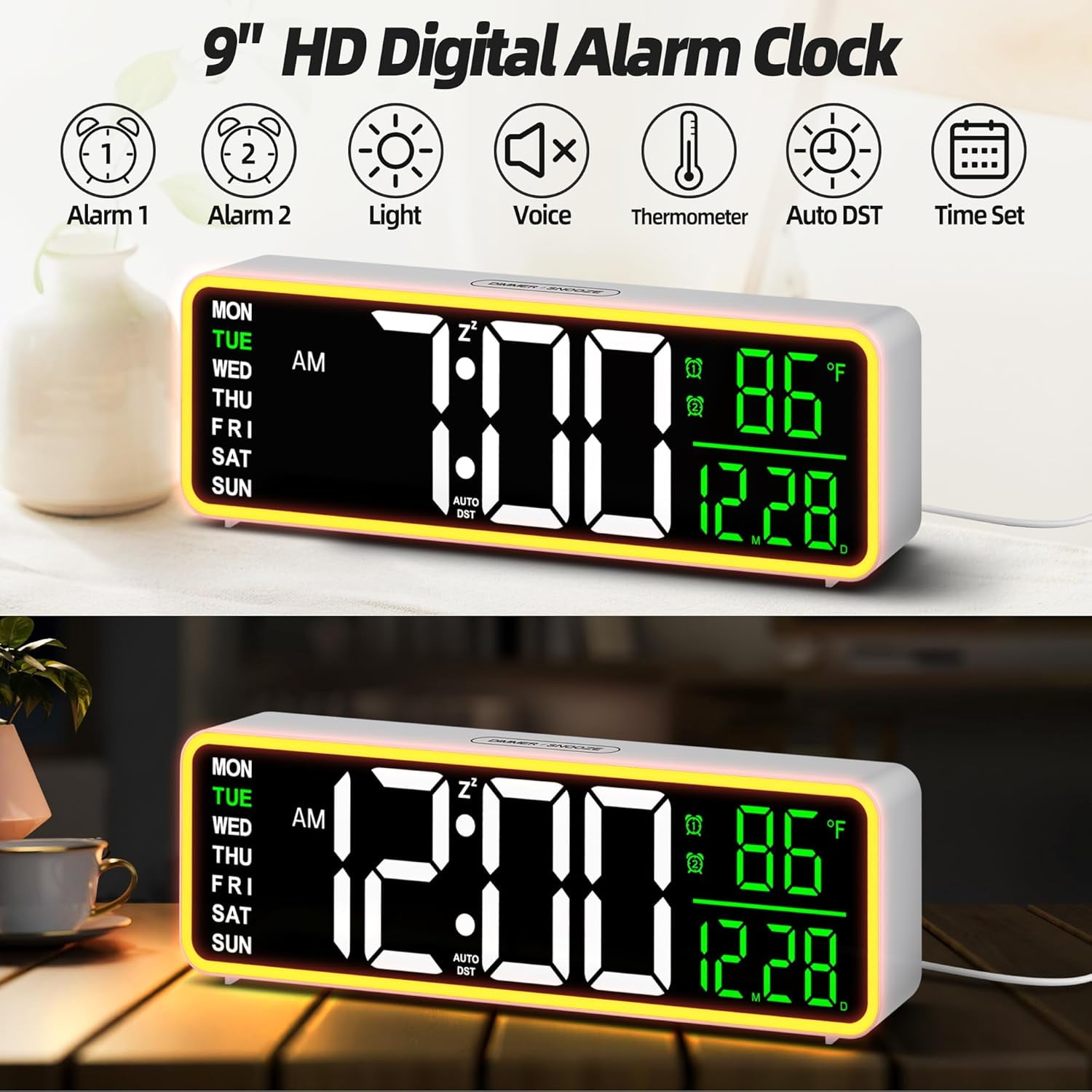 JUNCHI-9 Inch Digital Alarm Clock Wall Clock with Night Light, Dual ...