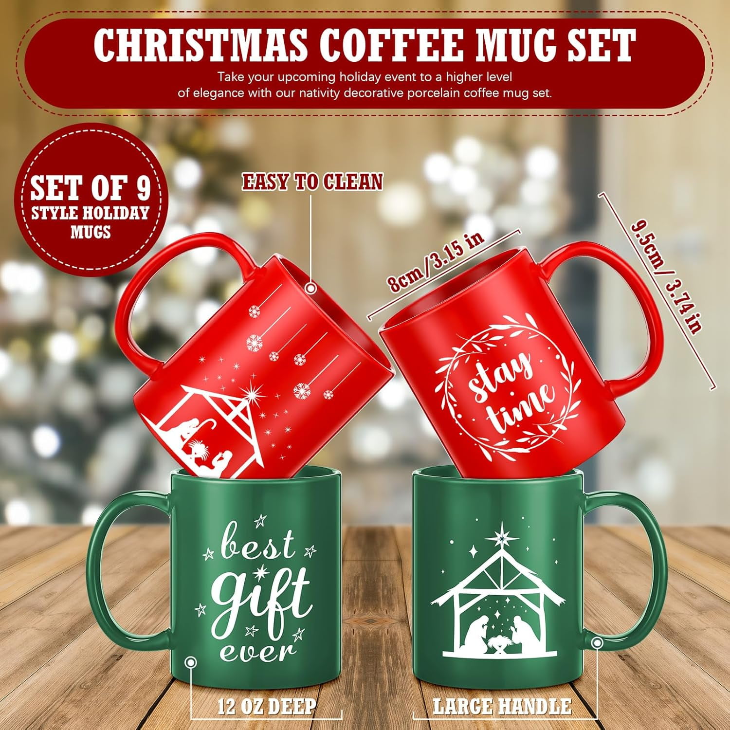 JUNCHI-9 Pcs 12 oz Christmas Mugs Set Xmas Mini Coffee Mugs Nativity ...