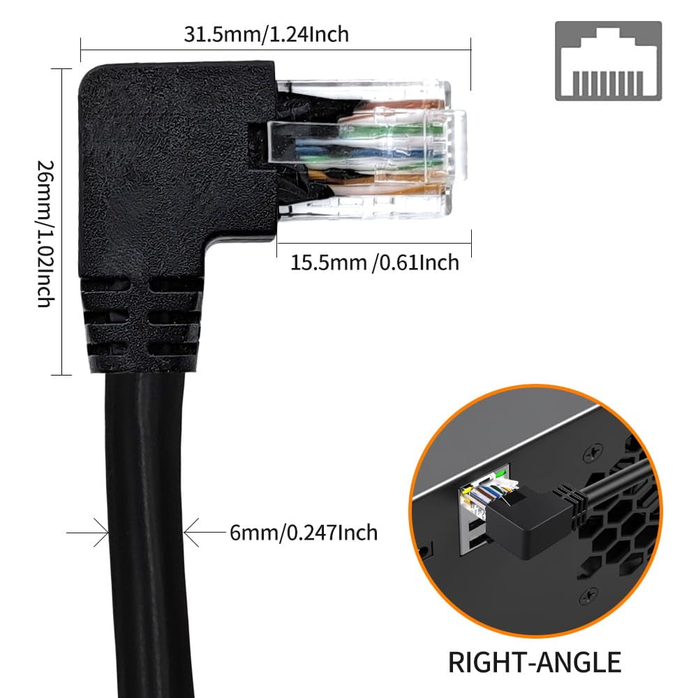JUNCHI-90 Degree Cat 6 Ethernet Cable Right Angle 3.3FT RJ45 Network ...