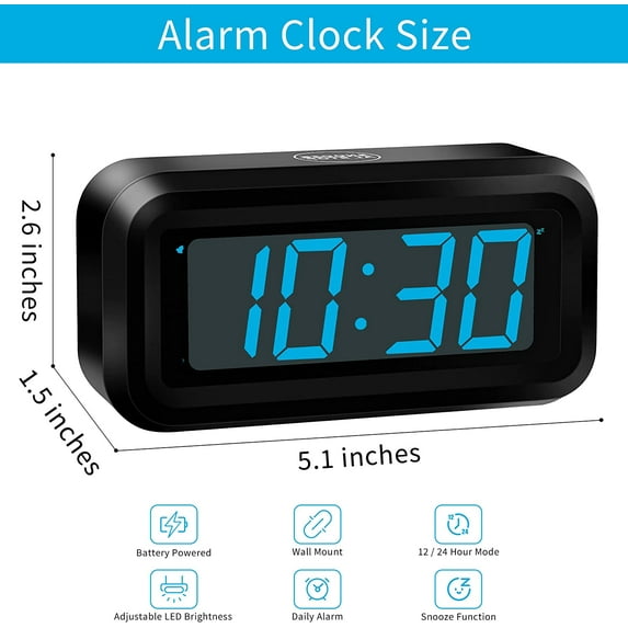 JUNCHI-Alarm Clock, Digital Clock, Constantly 1.2'' LED Blue Digits ...