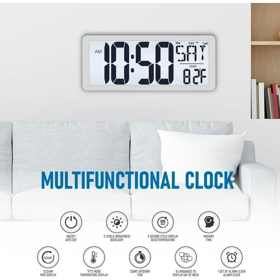 JUNCHI-Atomic Clock with Backlight, 14.2" Digital Wall Clock, Battery ...