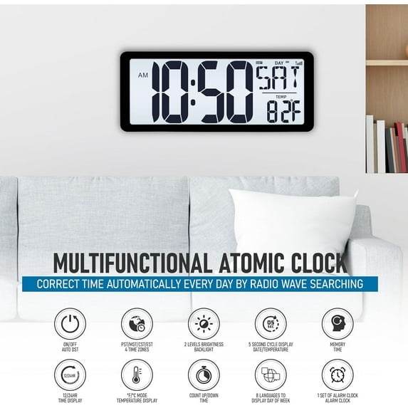 JUNCHI-Atomic Clock with Backlight, 14.2" Large Digital Wall Clock ...