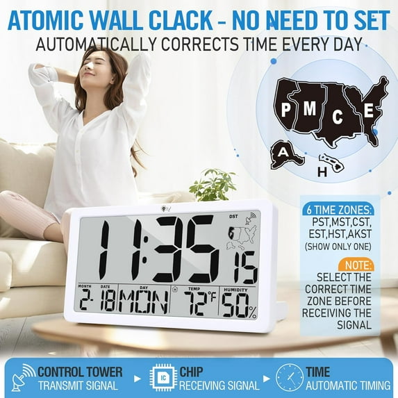 JUNCHI-Atomic Digital Wall Clock, Battery Operated with Temperature ...