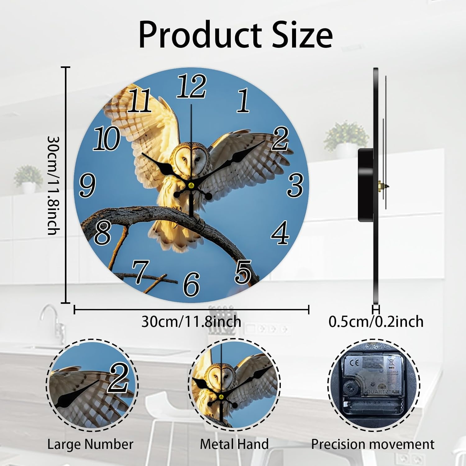 JUNCHI-Barn Owl Wall Clock 12 Inch Sky Clock Round Decorative Clocks ...