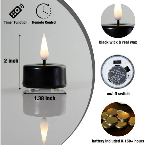 JUNCHI-Black Flameless Tealights with Remote Batteries, Real Wax ...