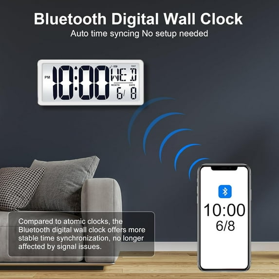 JUNCHI-Bluetooth Time Sync Digital Wall Clock Battery Operated with ...