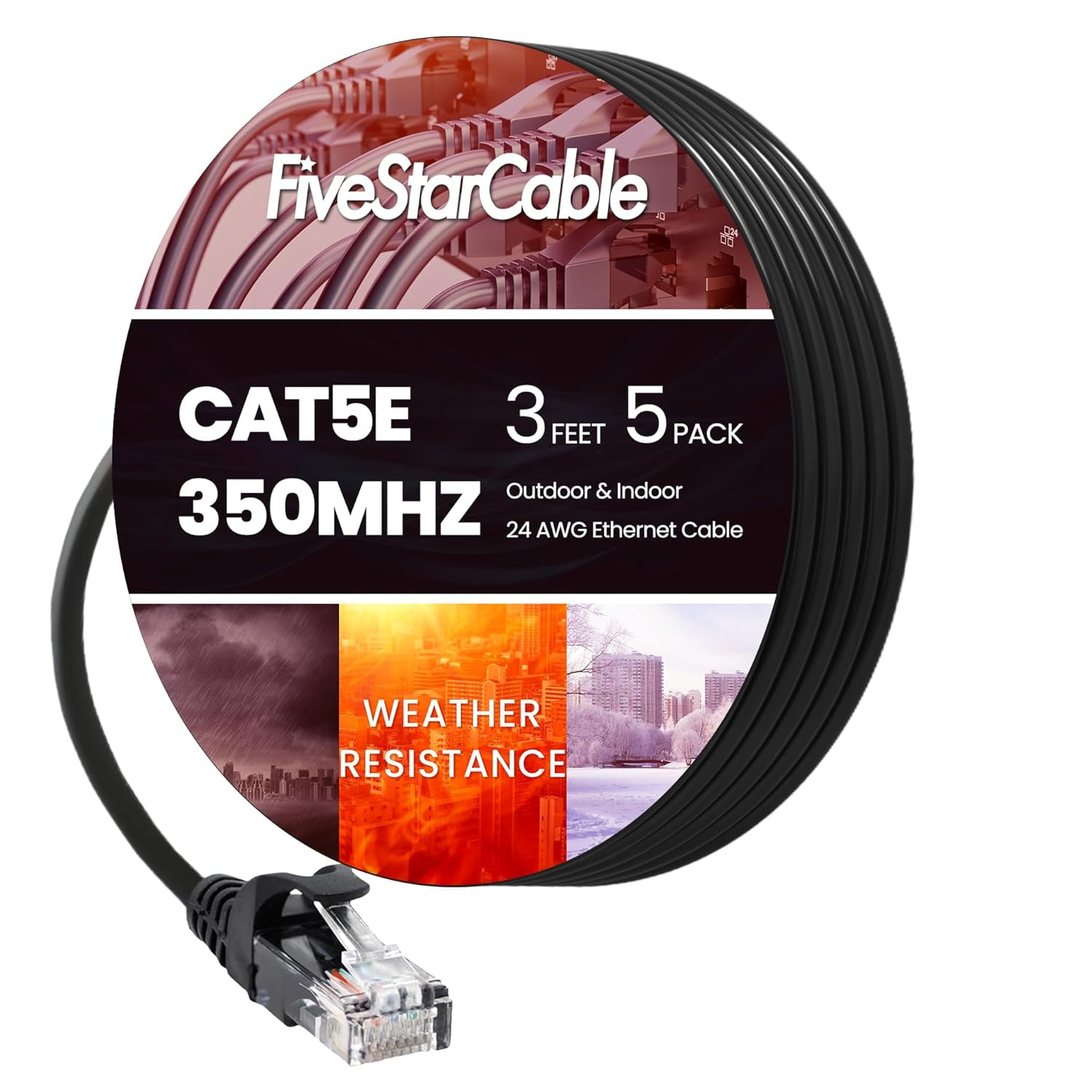 JUNCHI-Cat5e - Pack of 5 - Ethernet Cable 3 Feet Black, High-Speed ...