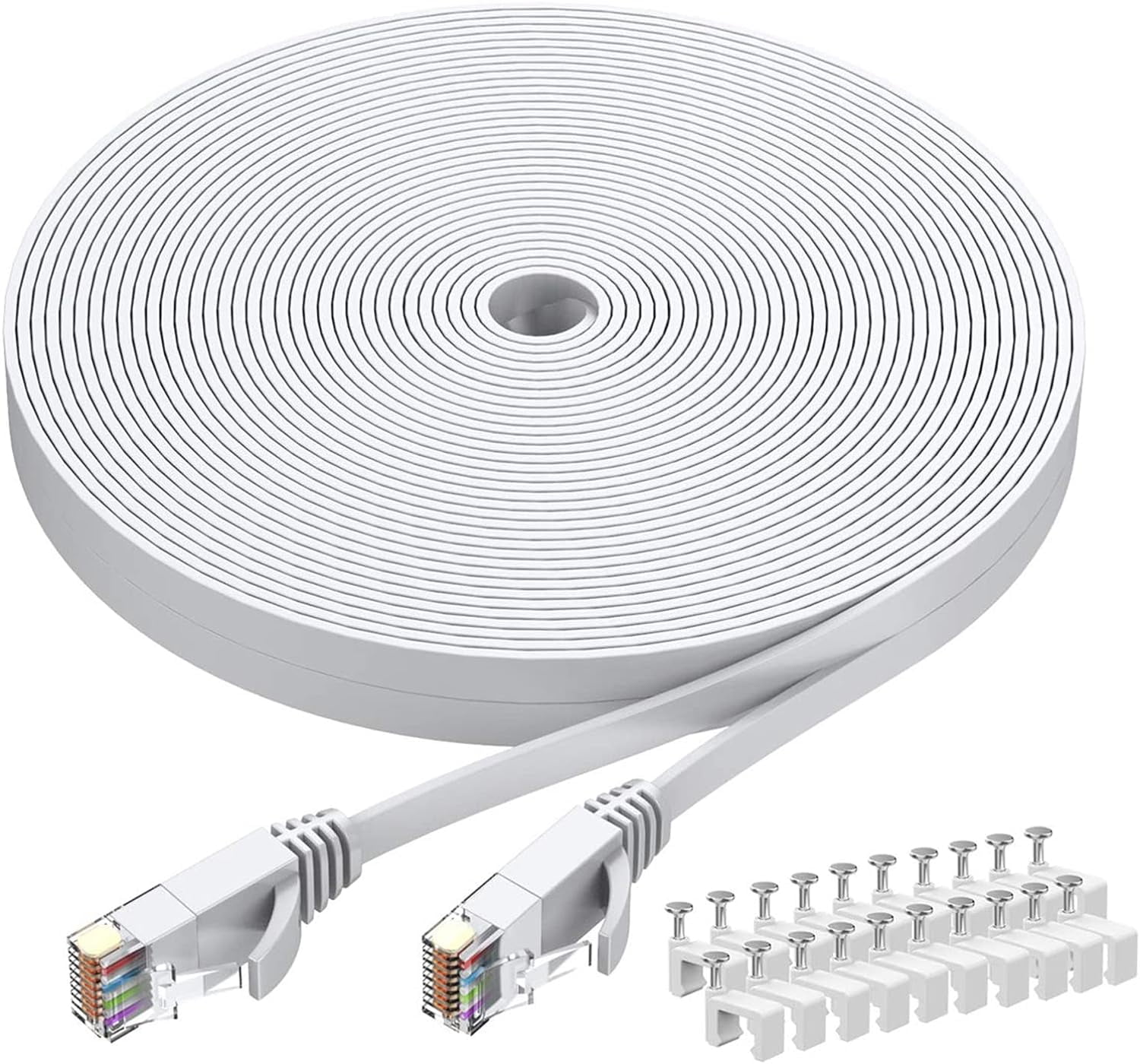 JUNCHI-Cat6 Ethernet Cable 30 FT White, Cat-6 Flat RJ45 Computer ...