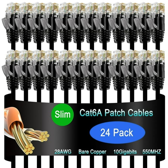 JUNCHI-Cat6a Slim Ethernet Patch Cable 3 ft (24 Pack), Cat6a for Data Centers & Home/Enterprise ...