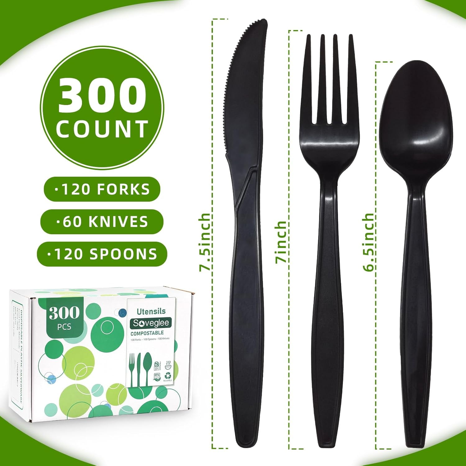 JUNCHI-Compostable Utensils, Black Plastic Silverware, Compostable ...