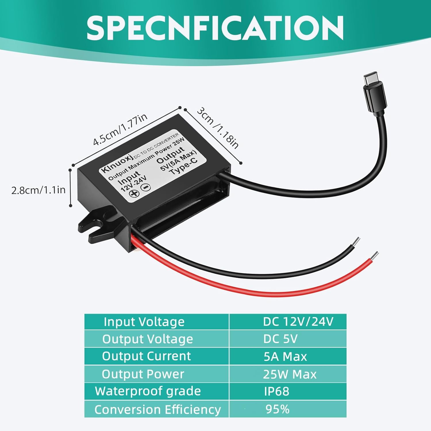 JUNCHI-DC 12V/24V to 5V 5A 25W USB C Step-Down Converter Buck Module ...
