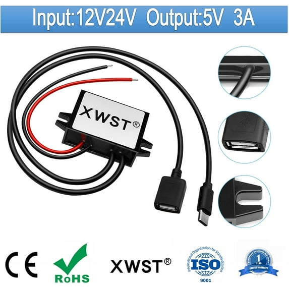 JUNCHI-DC DC 8-85V to 5V USB Converter 12V 24V 36V 48V 60V 72V to 5V 3A 15W with Type C and USB ...