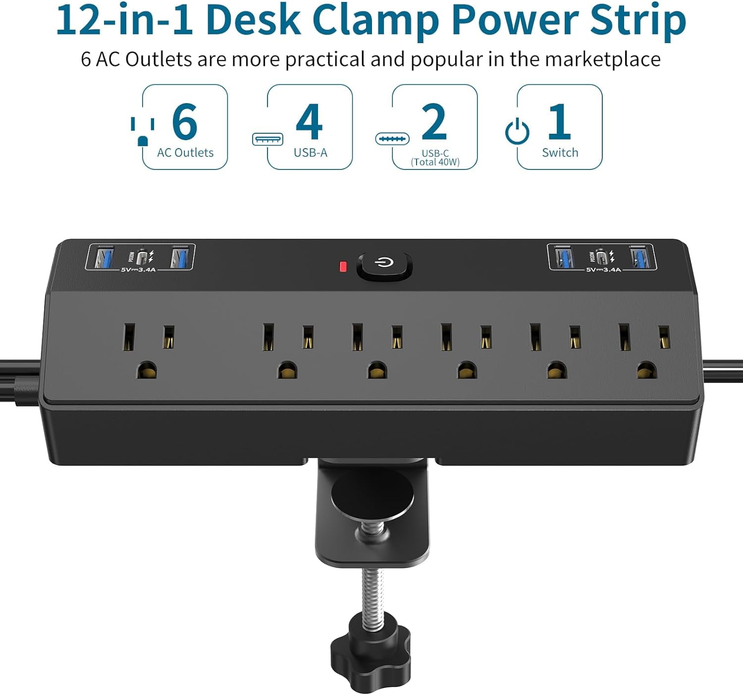 JUNCHI-Desk Clamp Power Strip with 40W Fast Charging Station, 10ft Flat ...