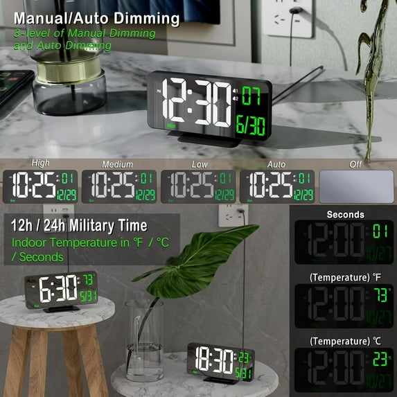 JUNCHI-Desk Clock 6.7in Black Digital Alarm Clock with Dual Alarm ...