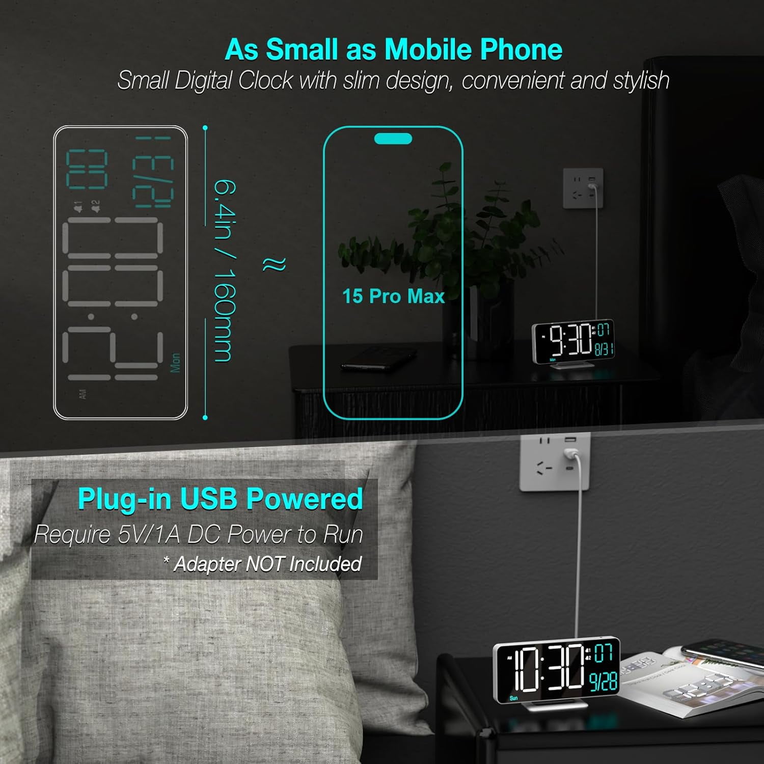 JUNCHI-Digital Alarm Clocks 6.7in Small Digital Clock for Bedroom,Auto ...