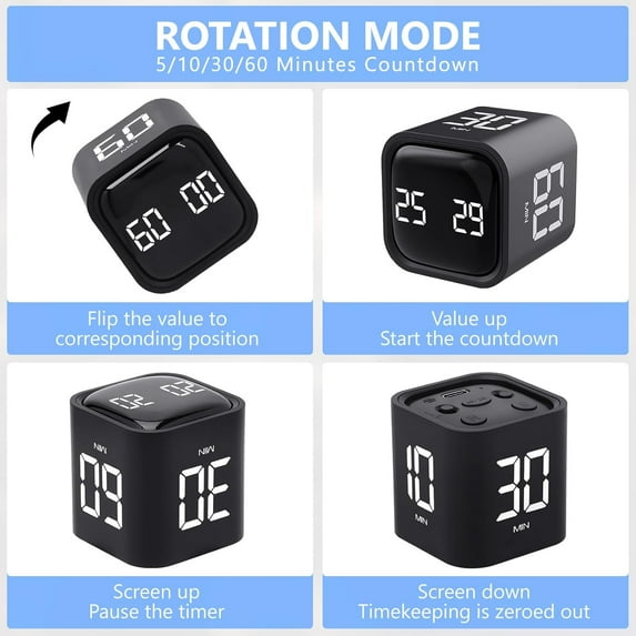 JUNCHI-Digital Cube Productivity Timer - Rotating Pomodoro Timer with ...