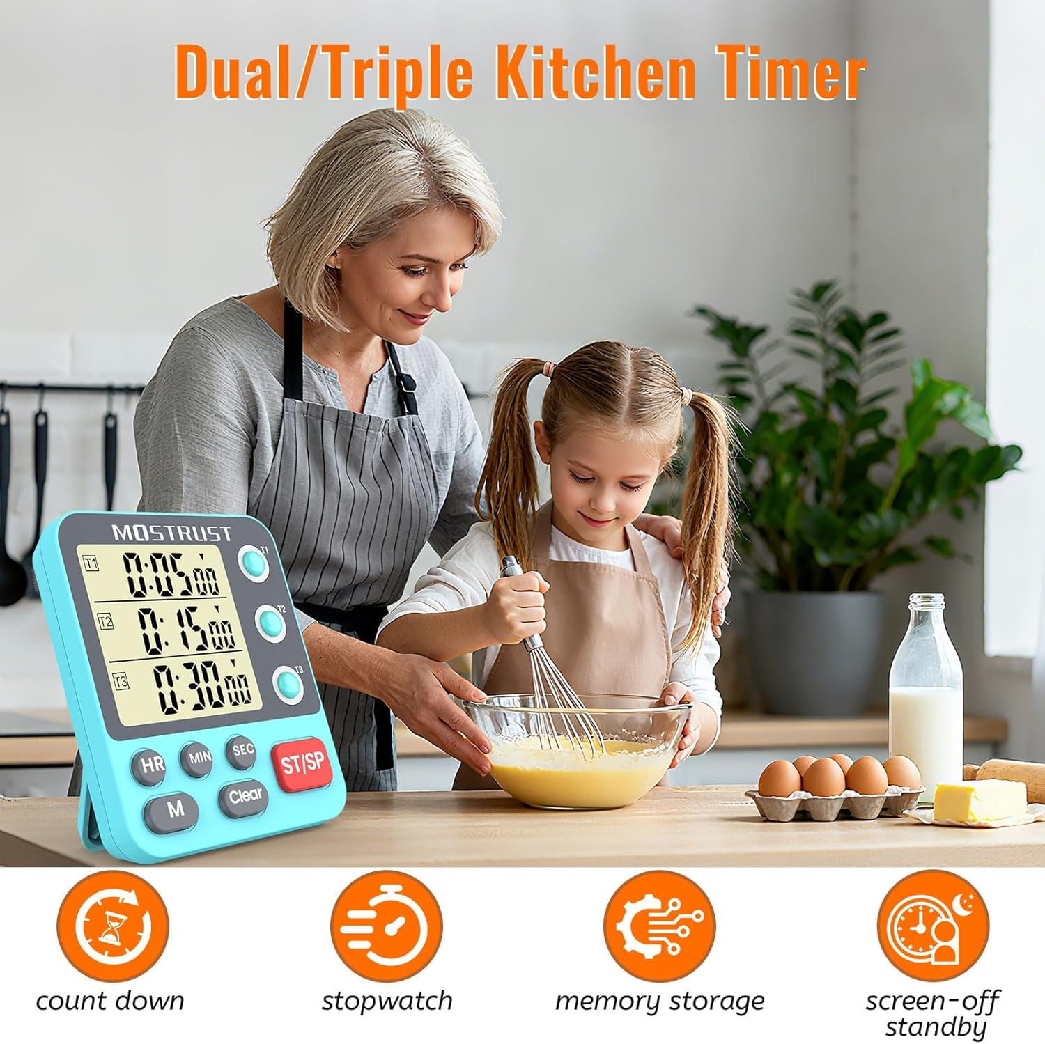 JUNCHI-Digital Dual Kitchen Timer, 3 Channels Countdown Triple Timer ...