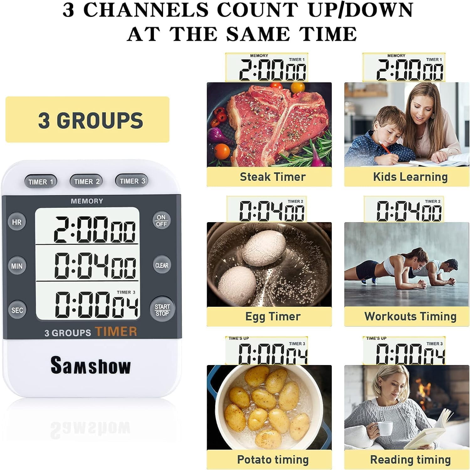 JUNCHI-Digital Kitchen Timer Dual Timers 3 Channels Count UP/Down ...