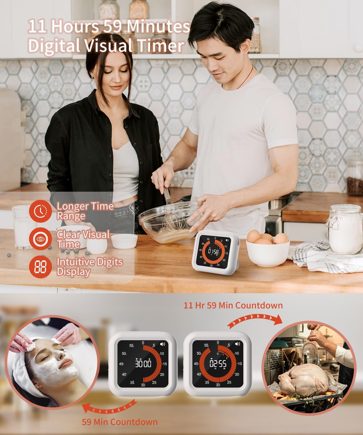 JUNCHI-Digital Visual Timer - Max 11H 59M Rechargeable Countdown Timer ...