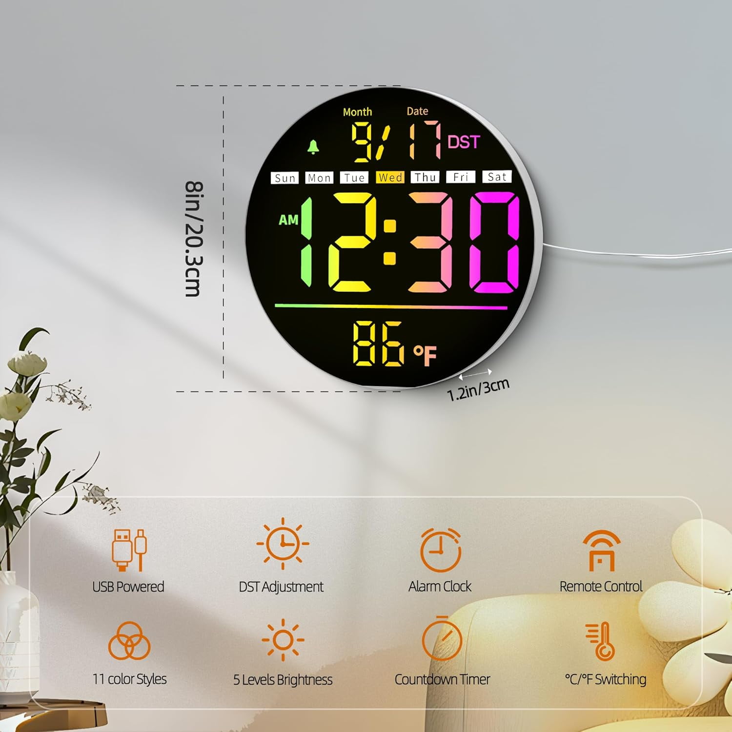 JUNCHI-Digital Wall Clock, 8'' Round Digital Clock with Large Display ...