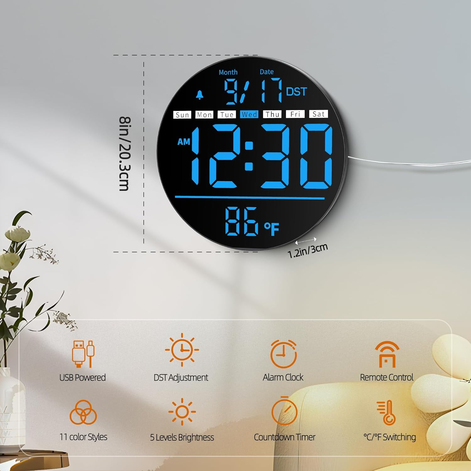 JUNCHI-Digital Wall Clock, 8'' Round Digital Clock with Large Display ...