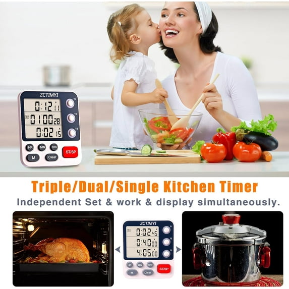 JUNCHI-Dual Digital Timer for Kitchen Cooking, 3 Channels Count Down/Up ...