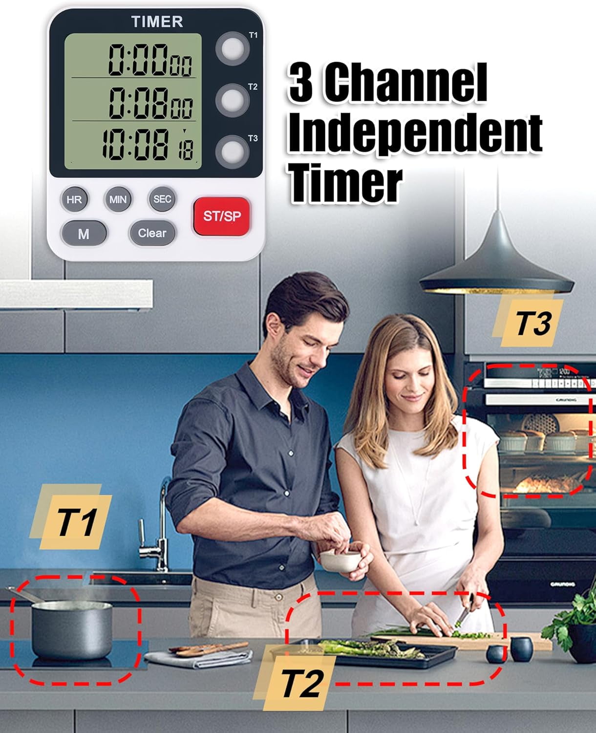 JUNCHI-Dual Kitchen Timer Digital - 3 Channel for Cooking with Alarm ...