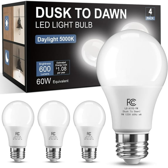 JUNCHI-Dusk to Dawn Light Bulbs Outdoor, Light Sensor A19 LED Light ...