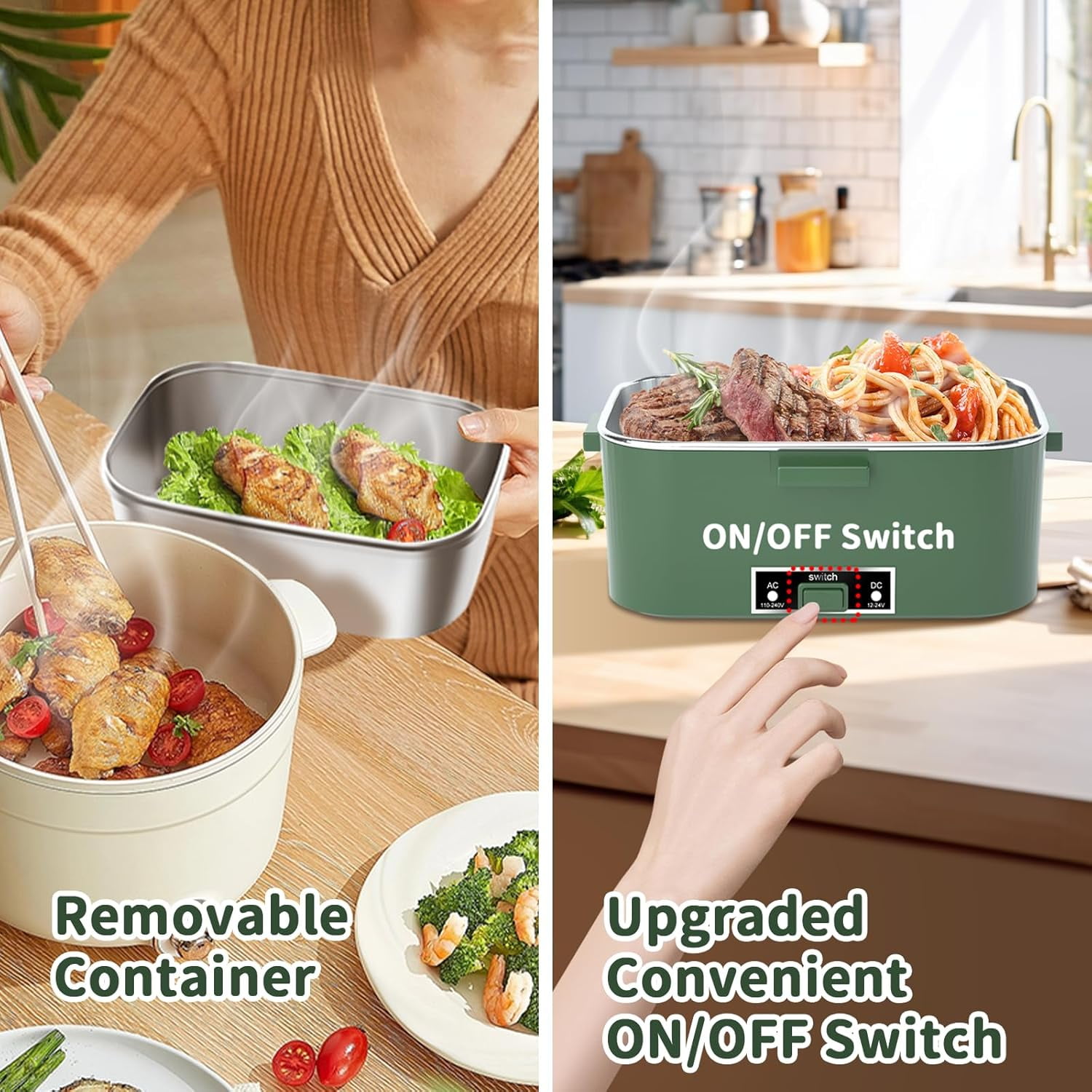 JUNCHI-Electric Heated Lunch Box for Adults with 1.8L Container, ON/OFF ...